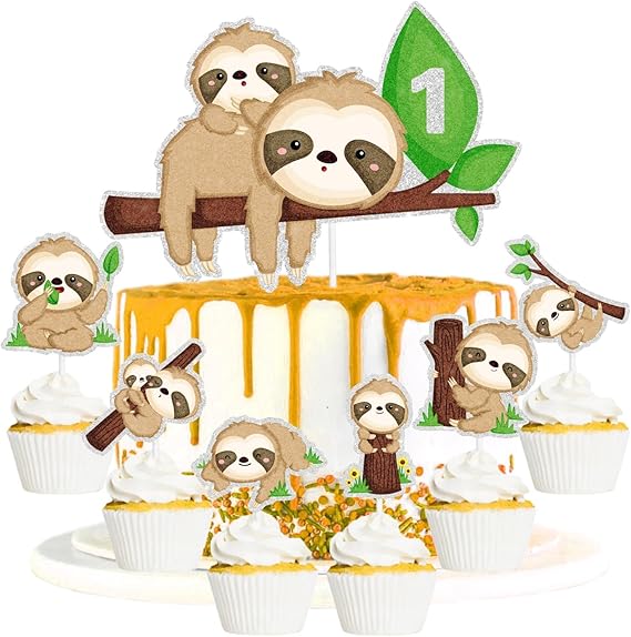 Amazon.com: Sloth Cake Toppers Set of 7 Cute Wildlife Themed 1st ...
