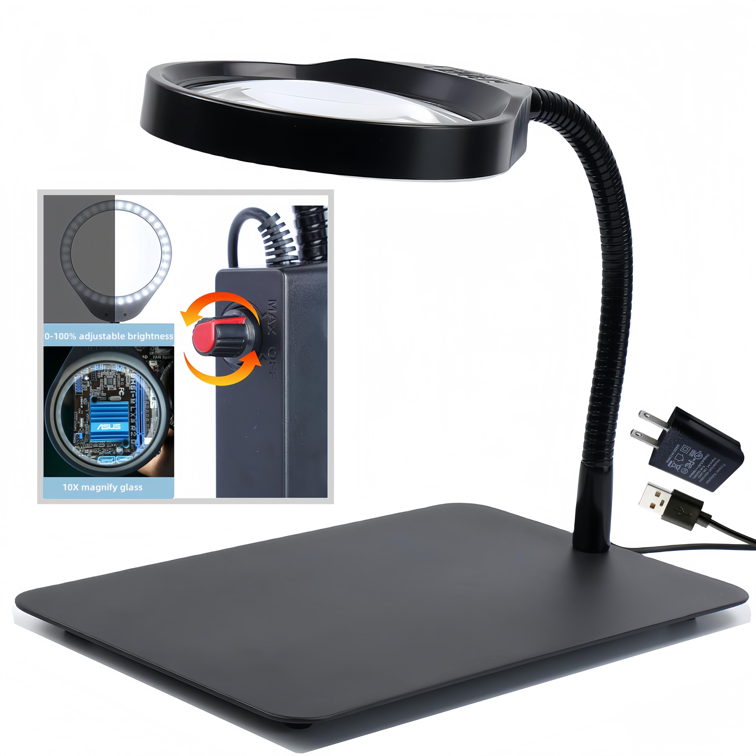 OukaiPDOK 10X Magnifying Glass with Light and Stand,Dimmable Flexible ...