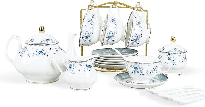 Amazon.com | fanquare 15 Piece Blue Rose Porcelain Tea Set, British ...