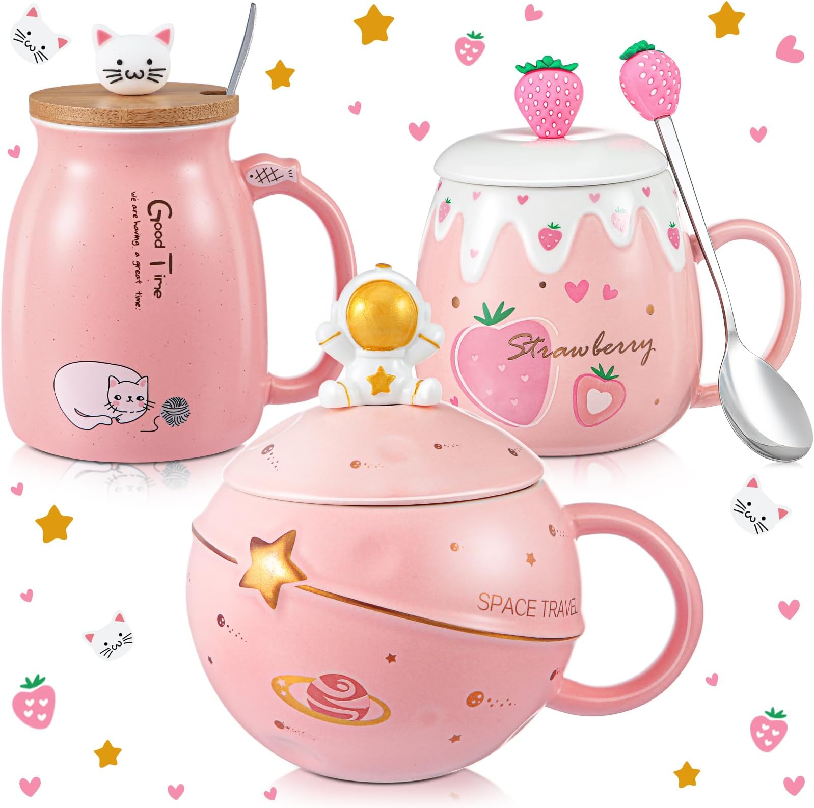 Amazon.com: Mifoci 3 Pcs Pink Mug Ceramic Coffee Mug with Lid and Spoon ...