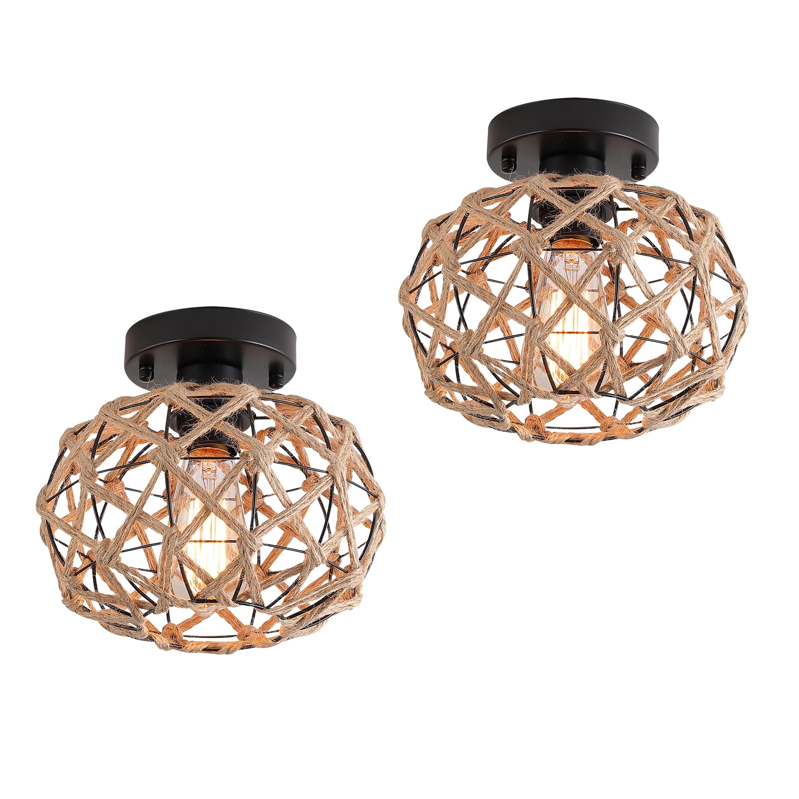 2 Pack Coastal Woven Flush Mount Ceiling Light Fixture Small Boho ...