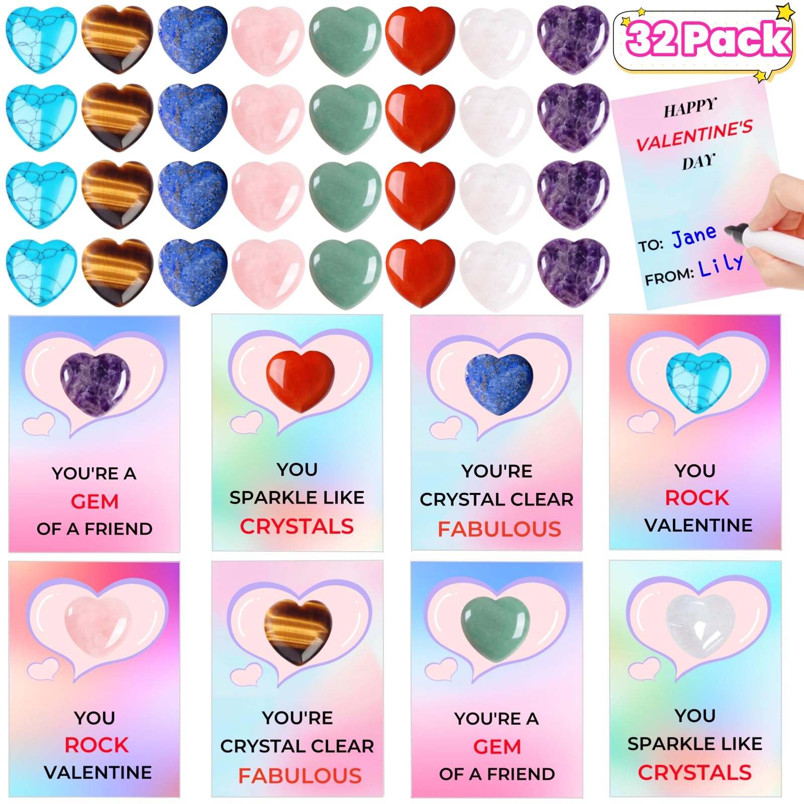 32 Pack Valentines Day Gifts for Kids,Valentines Cards with Heart ...