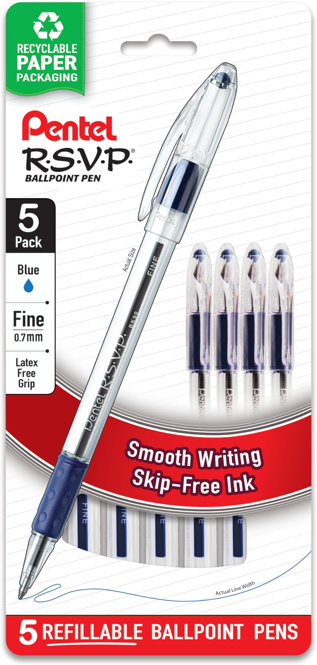 Pentel R.S.V.P. Ballpoint Pen, Fine Line, Blue Ink, 5 Pack (BK90BP5C ...