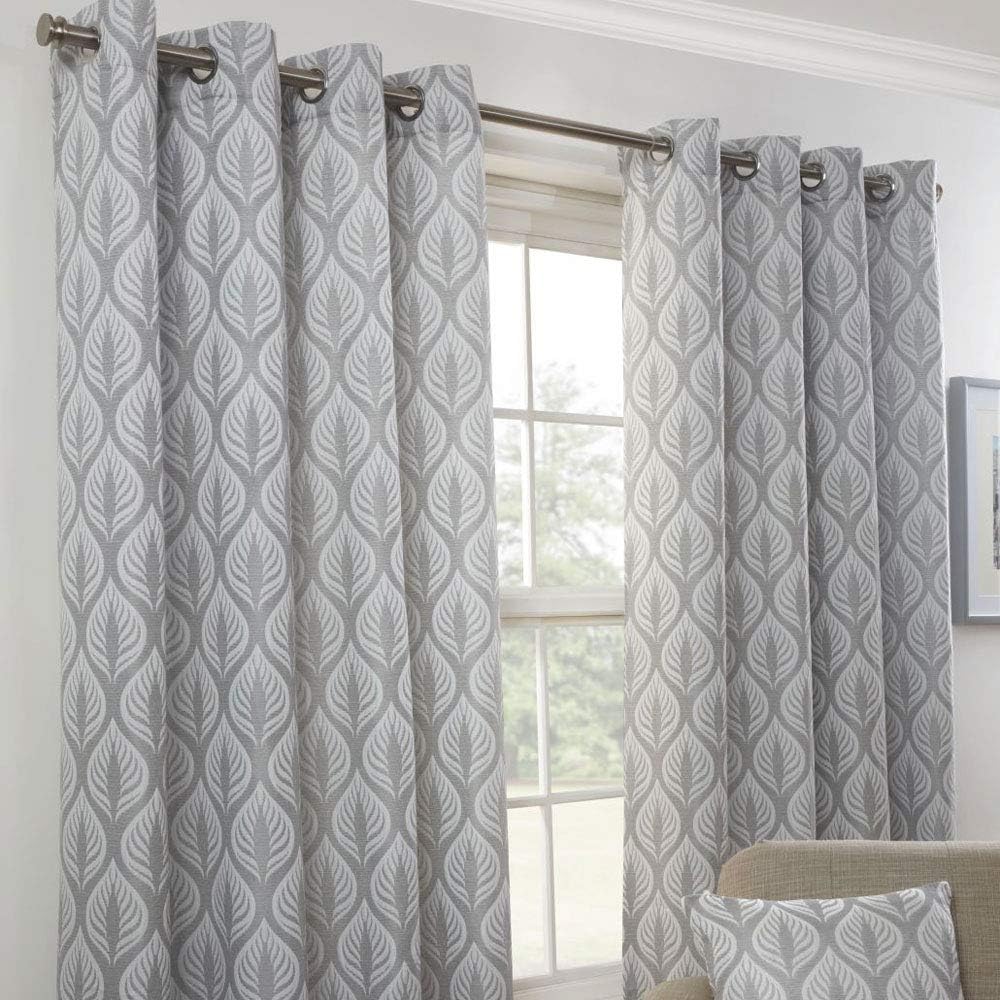 Emma Barclay Kew - Leaf Design Lined Eyelet Curtains in Silver - Width ...