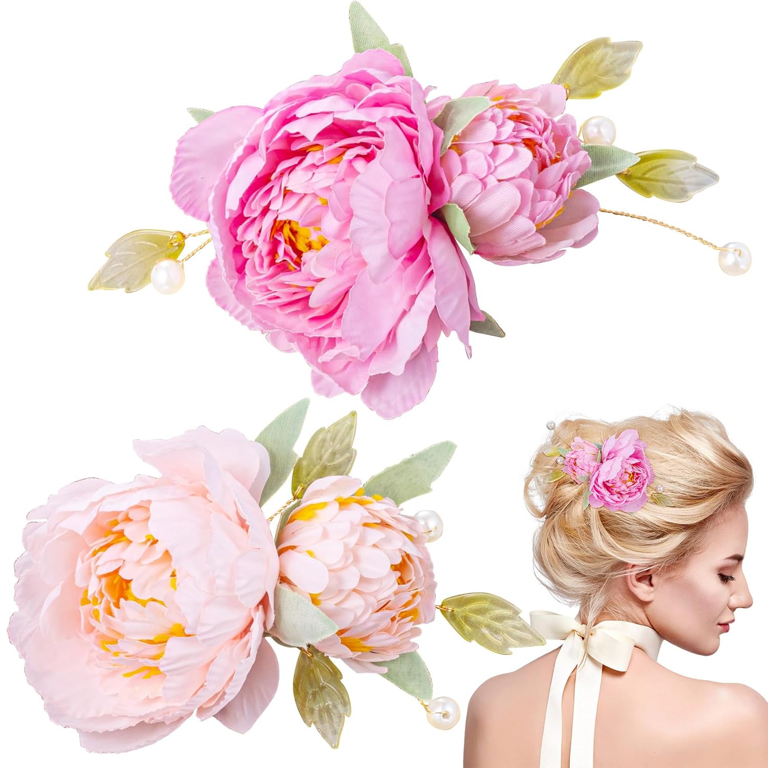 Amazon.com : HINZIC 2pcs Silk Flower Hair Clips for Women, 2 in 1 ...