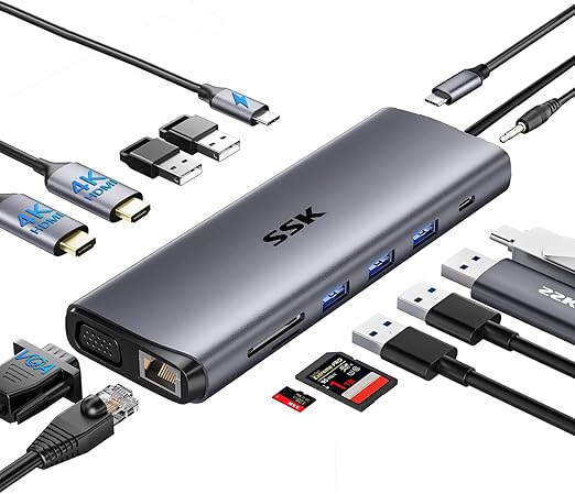 SSK Dual 4K HDMI to USB C Laptop Docking Station,14 in 1 USB C Hub ...