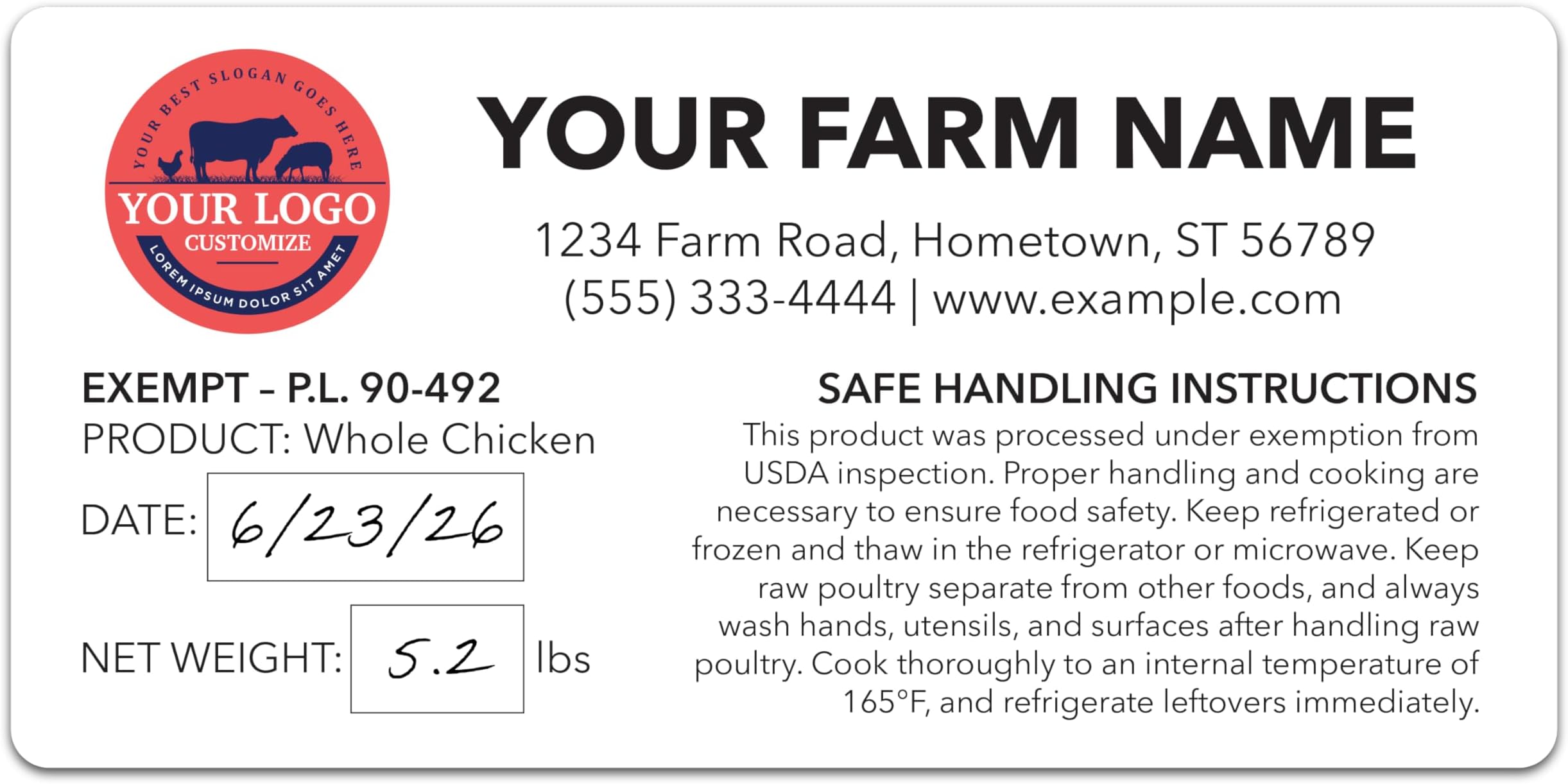 Amazon.com : Custom Poultry Labels for Exemption P.L. 90-492 - Custom ...
