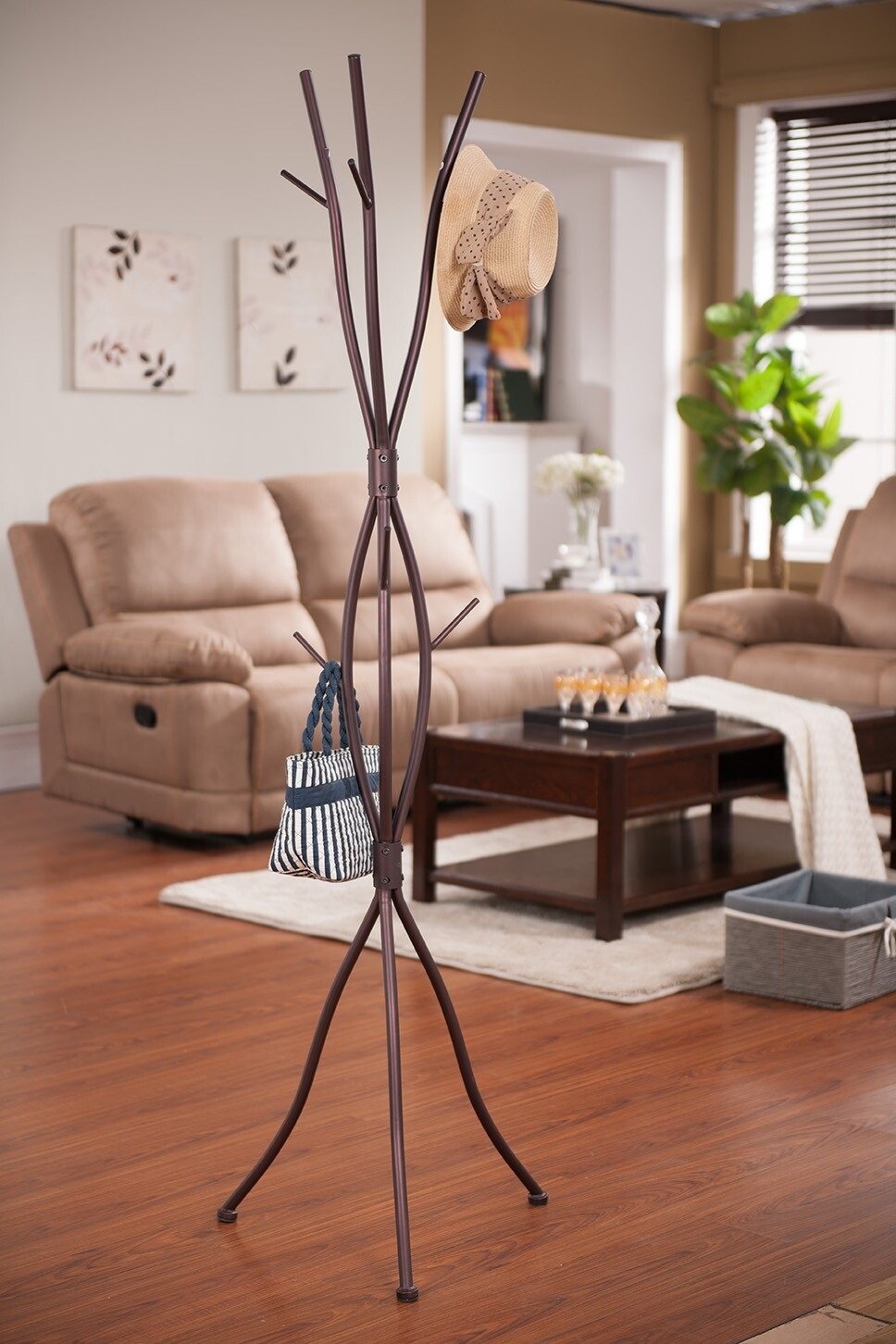 KB Designs - Freestanding Metal Tree Coat Rack, Hat Hanger 6 Hook, Bronze