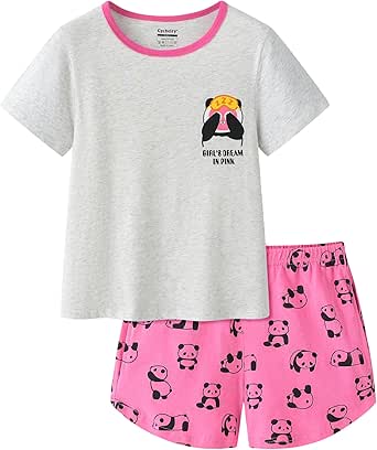Amazon.com: CYCHELRY Big Girls Summer Pajamas Set-Grey Pandas Short Sleeve and Pink Shorts ...
