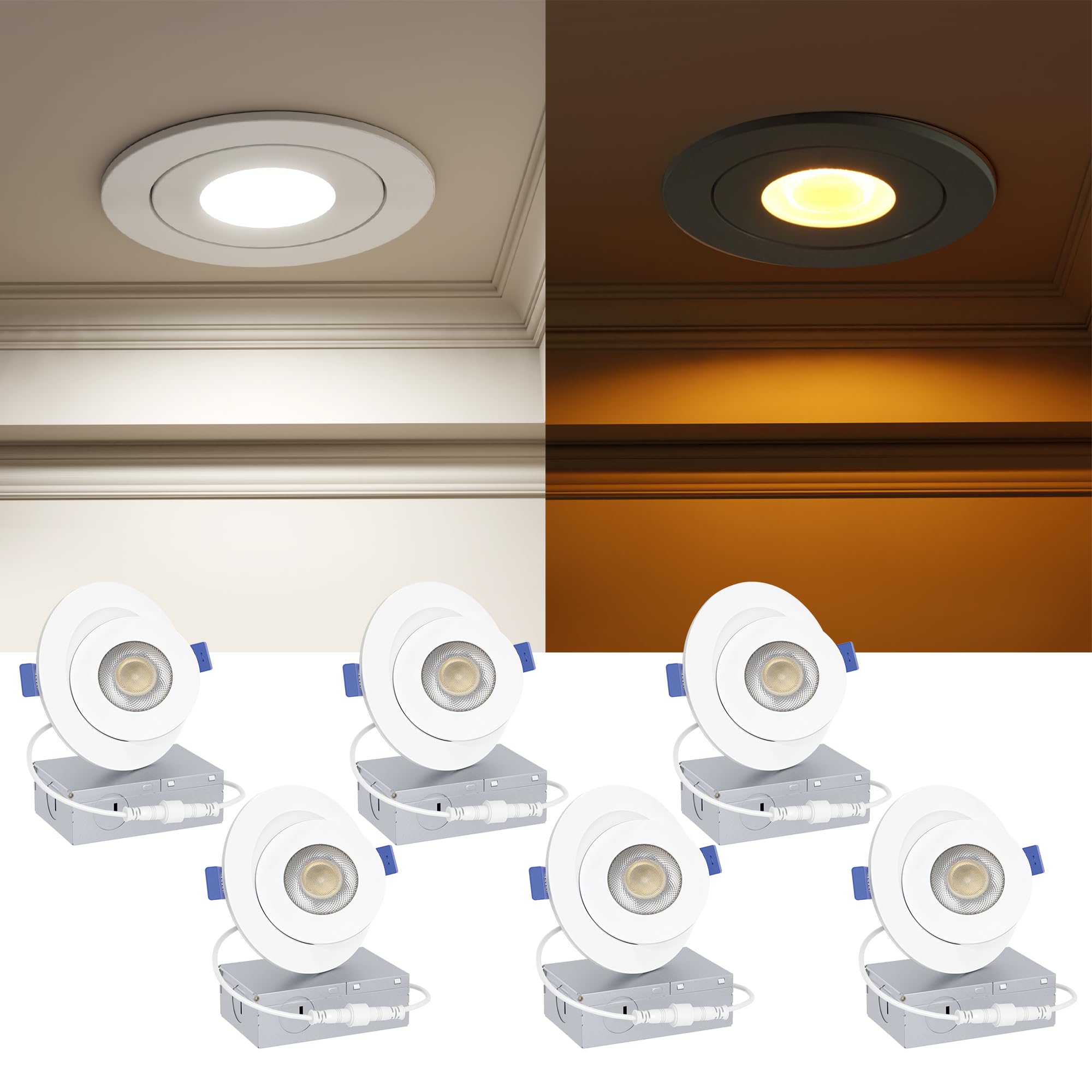 Ensenior 6 Pack 4 inch Gimbal Led Recessed Light with Night Light, 90 ...
