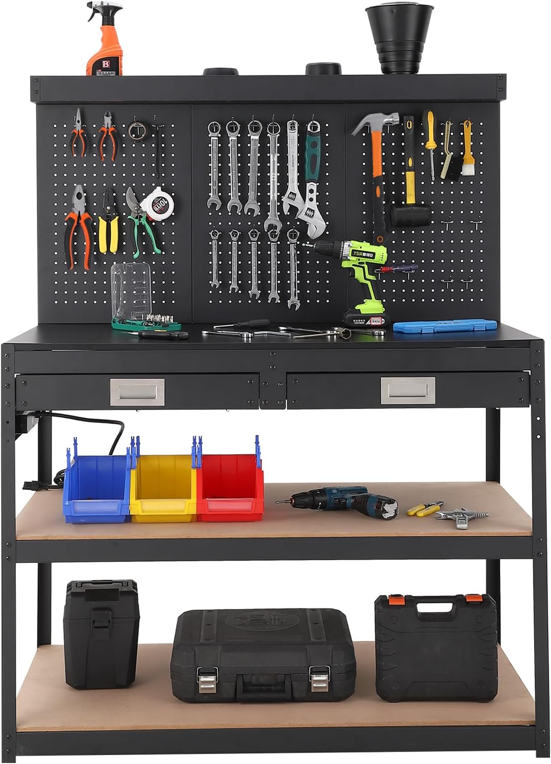 IRONMAX Workbench with Pegboard, 4 Shelves Workstation Organizer with ...