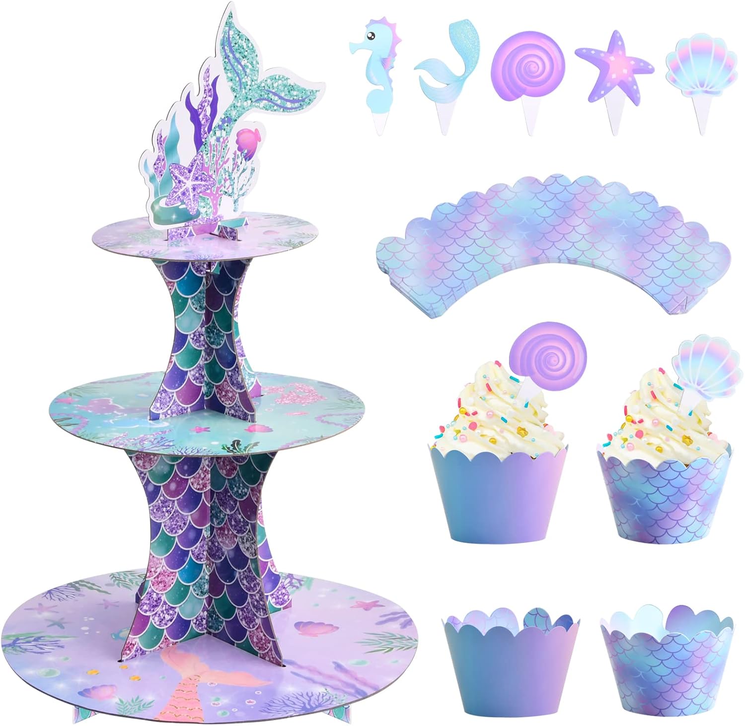 Azonelife 3 Tier Cardboard Mermaid Tail Cupcake Stands, Birthday Party ...