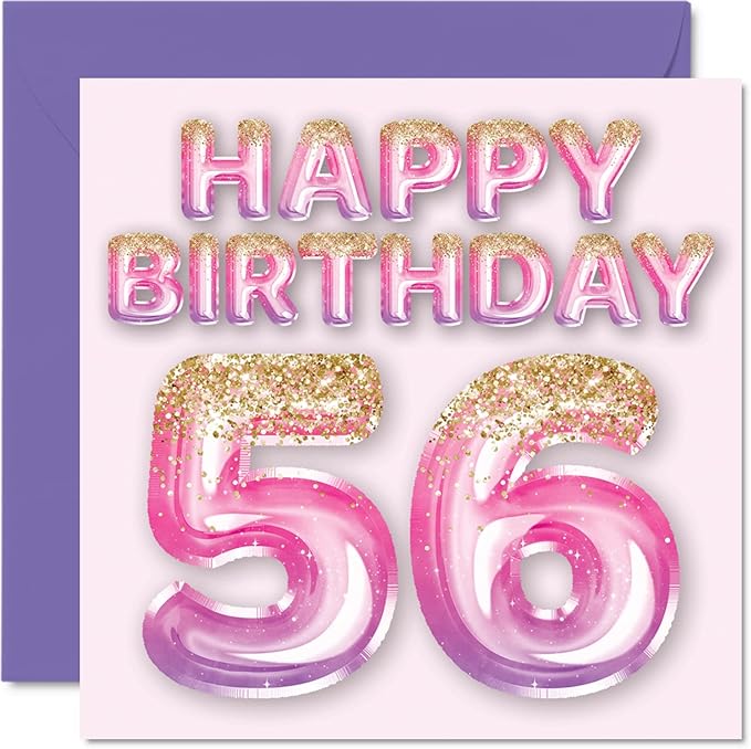 56th Birthday Card for Women - Pink & Purple Glitter Balloons - Happy ...