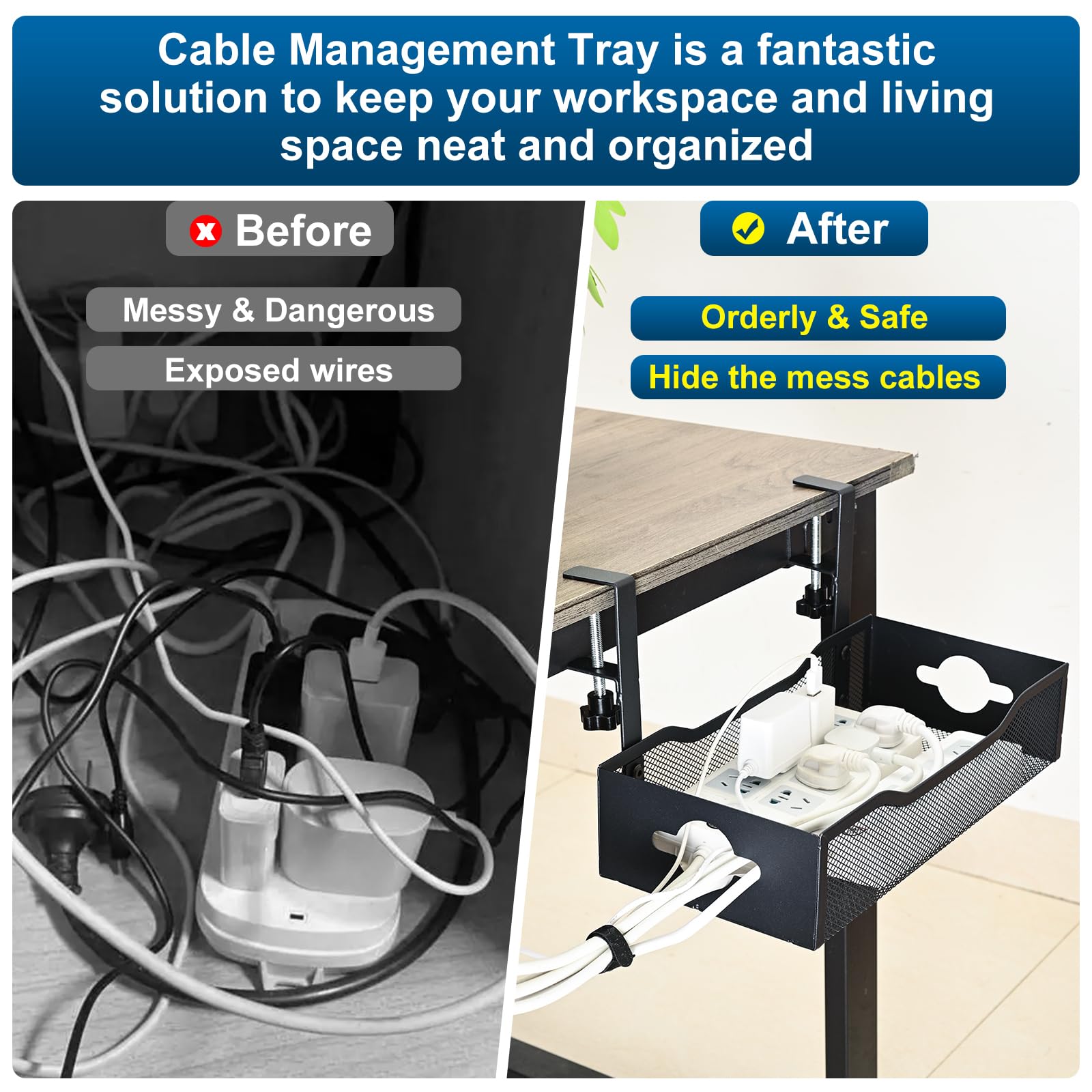 Under Desk Storage 2 Pack Under Desk Cable Management Tray No Drill ...