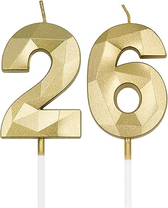 Amazon.com: 26th & 62nd Birthday Candles for Cake, Gold Number 26 62 3D ...