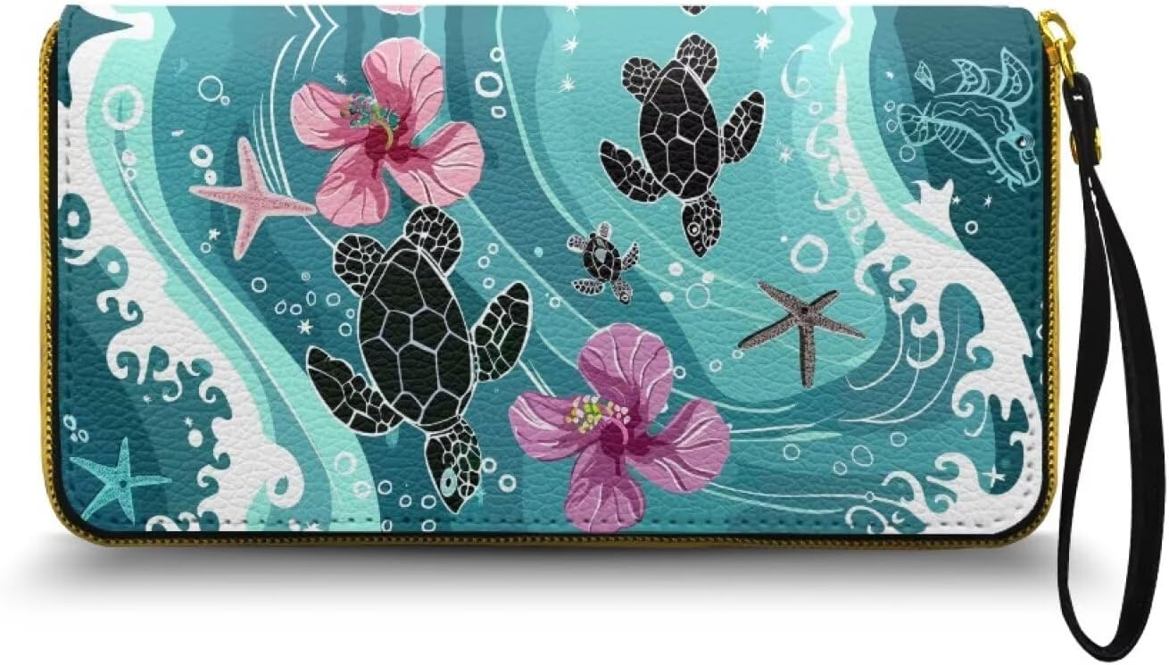 Nittanovaca Sea Turtle Women Wristlet Wallets, Slim Hibiscus Flowers ...