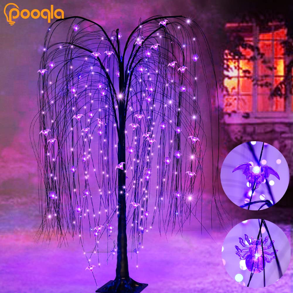 Pooqla 5FT 240 LED Lighted Halloween Willow Tree Decorations, Black ...