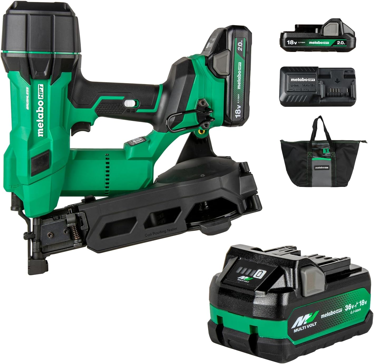 Bundle of Metabo HPT 18V MultiVolt™ Cordless Coil Roofing Nailer Kit ...