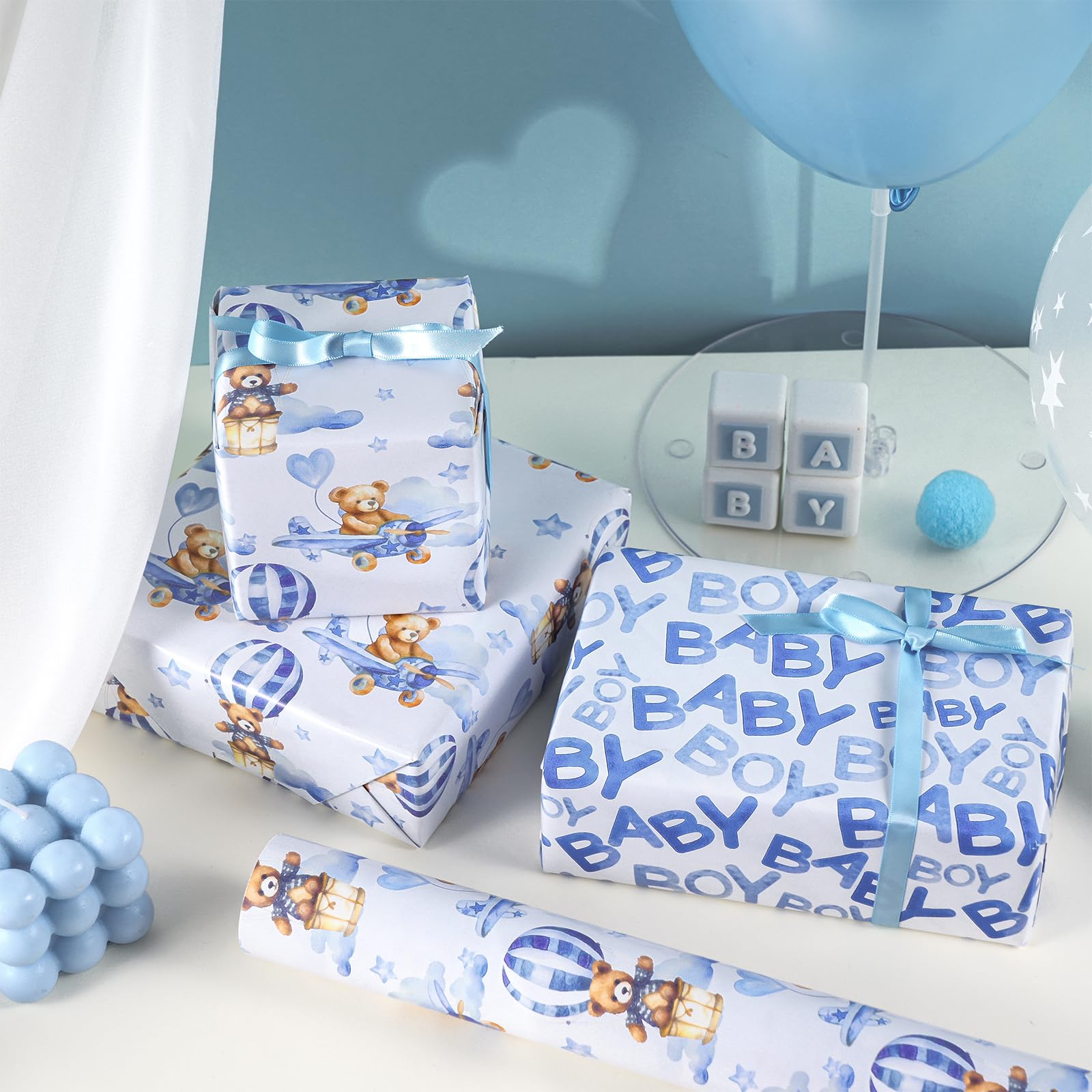 Snapklik.com : LeZakaa Baby Boy Gift Wrapping Paper Roll, Blue Baby Boy ...