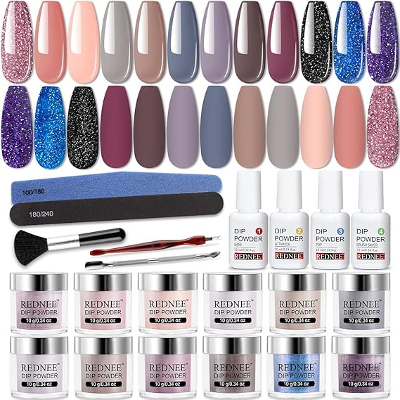 Amazon.com: REDNEE 22 Pcs Dip Powder Nail Kit Starter 12 Colors Pink ...