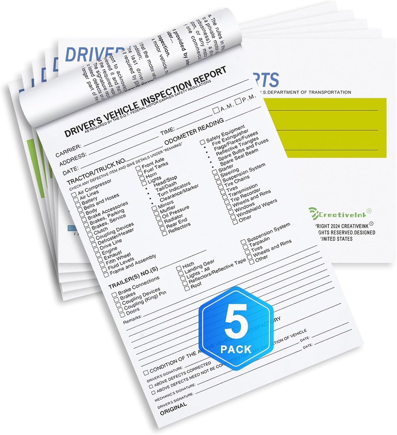 Amazon.com : CreativeInk 5 Pack Detailed Driver's Vehicle Inspection ...