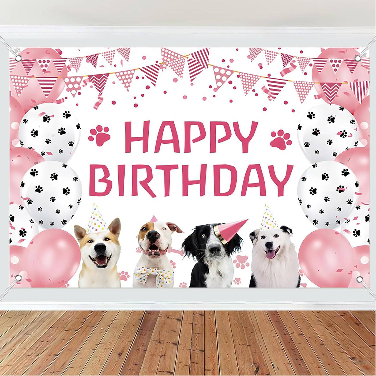Amazon.com : 8x6ft Fabric Dog Birthday Backdrop Cute Dog Paw Print Pink ...