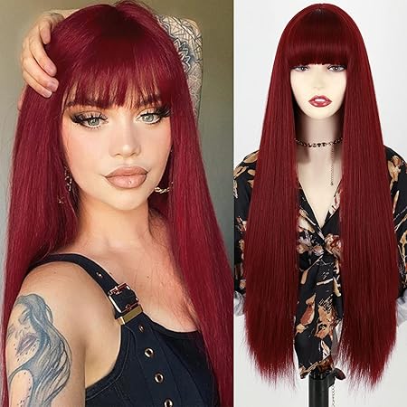 Amazon.com : MISSQUEEN Long Red Wig with Bangs,Straight Dark Red Wigs ...
