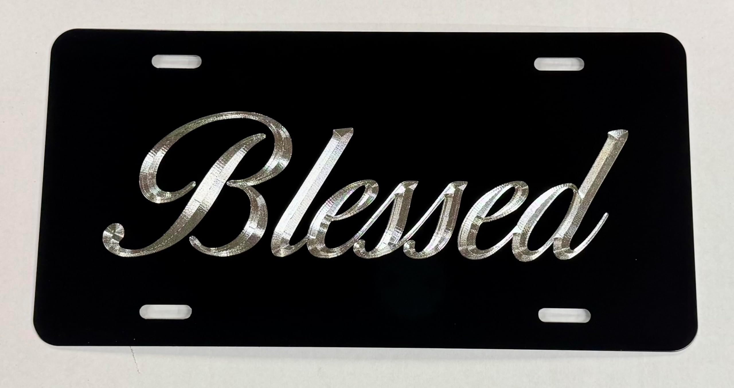 Amazon.com: Blessed Logo Car Tag Diamond Etched on Black Aluminum ...