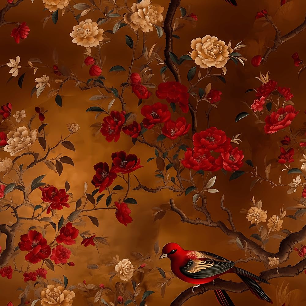 REDAMANCY Wallpaper, Red Golden Birds Boho Peony, Vintage Peel and ...