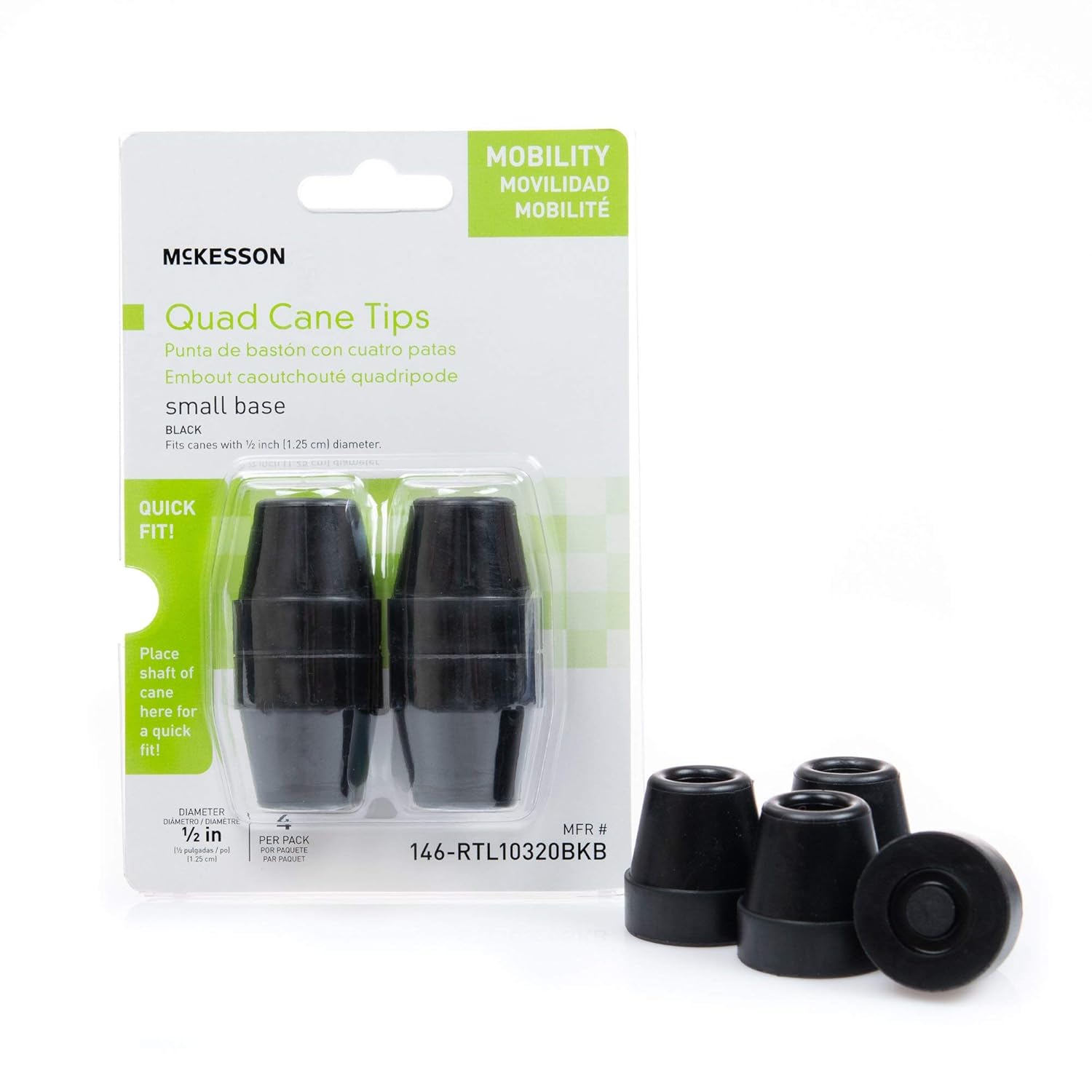 McKesson Black Rubber Quad Cane Tips, 0.5 inch Diameter, 4 Count, 1 ...
