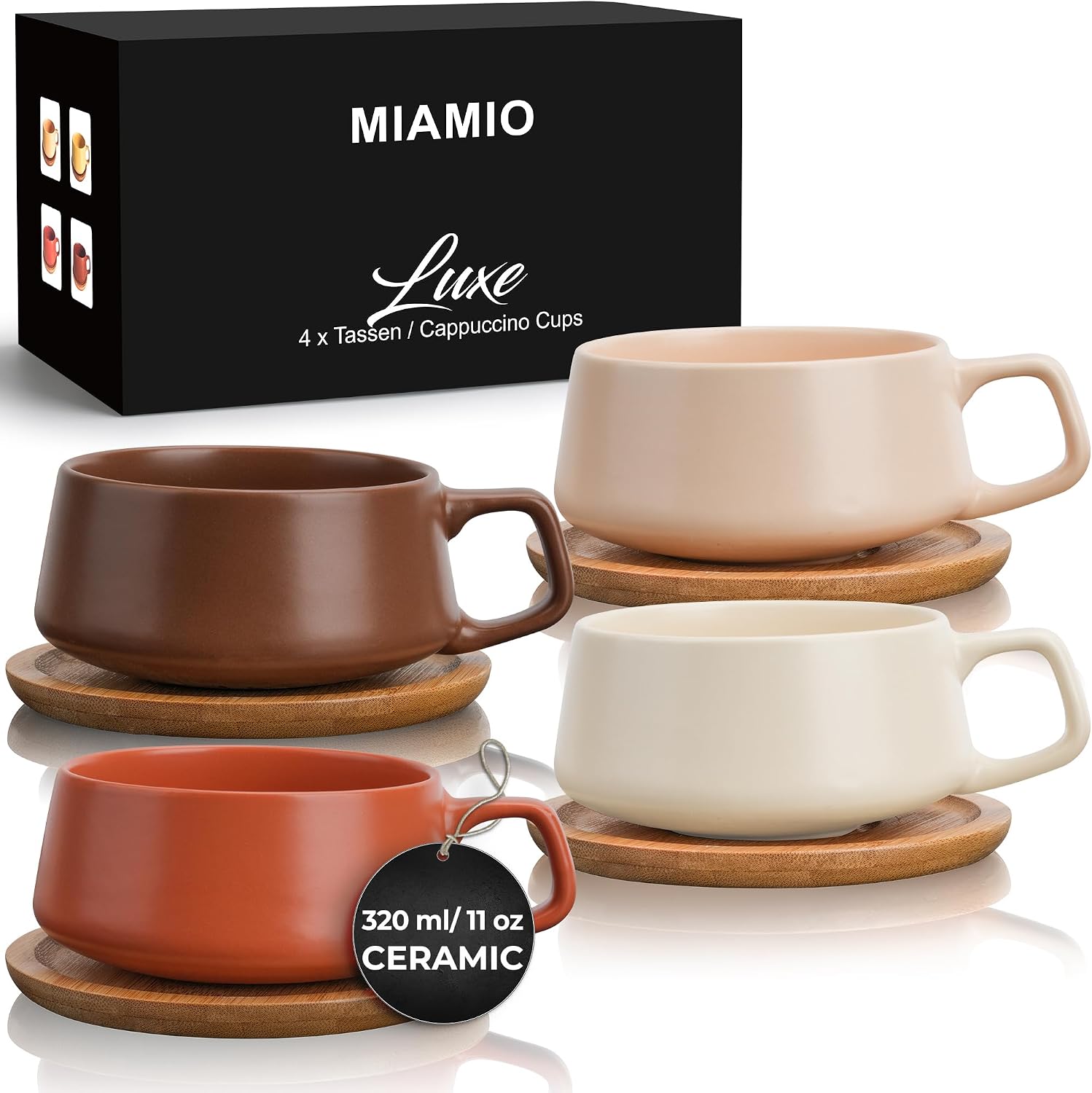 MIAMIO - 4 x 320 ml Coffee Cups/Cappuccino Cups with Saucers / Elegant ...