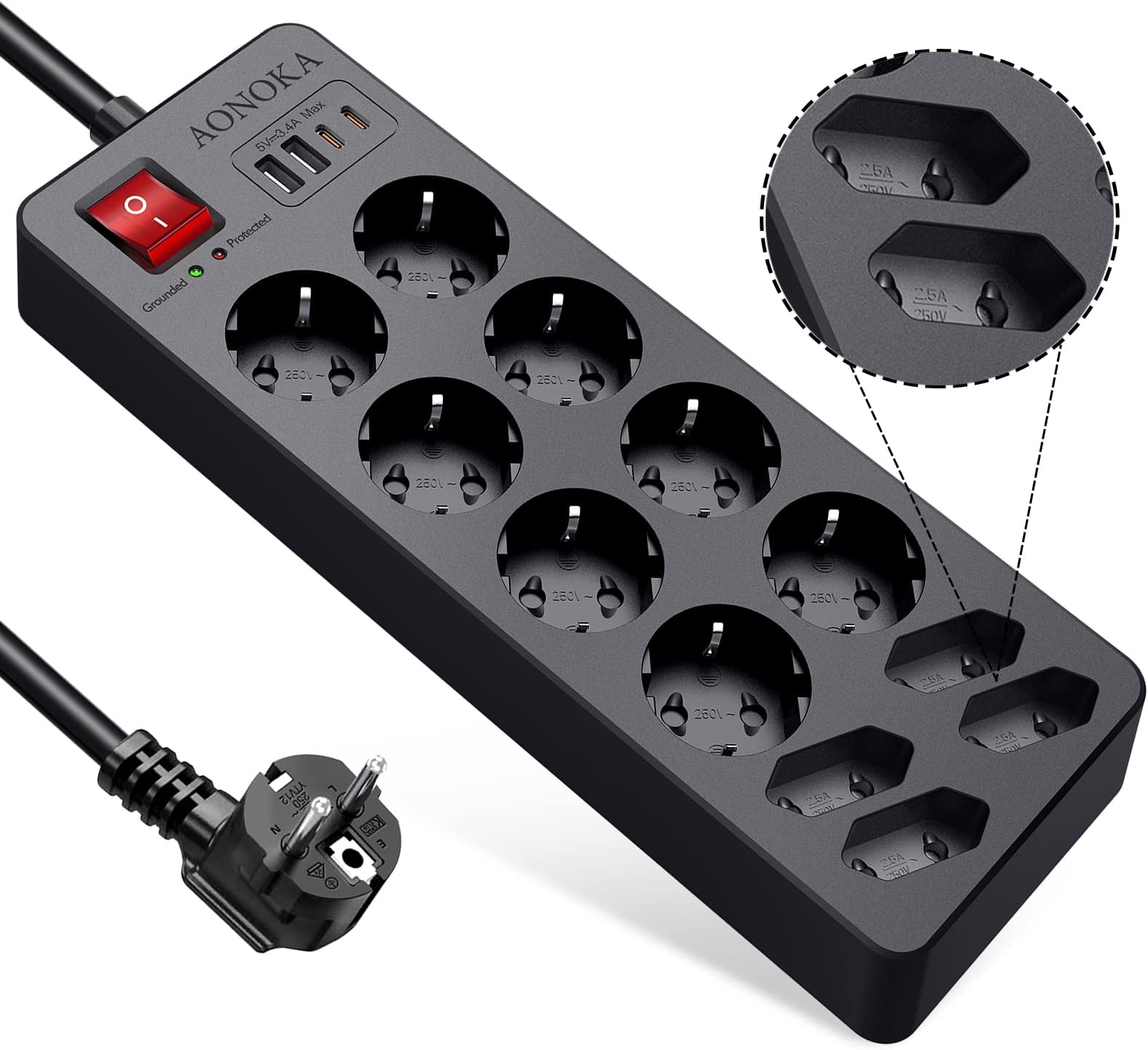 oorkyzz Akım Korumalı çoklu Priz,12lu Priz USB C Güç şeridi Anahtarlı ...