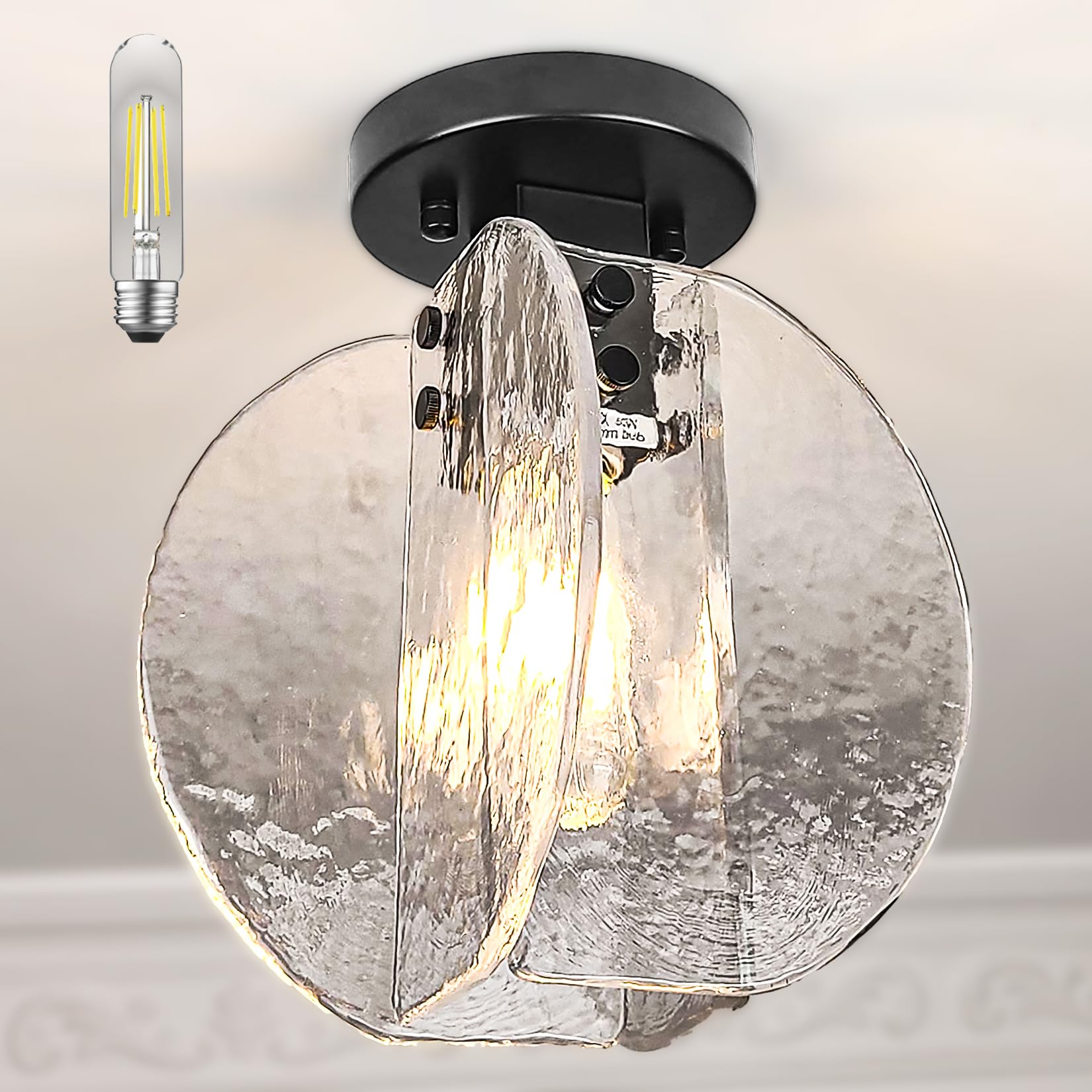 ZMKMOK Contemporary Fusion Glass Ceiling Light Black Metal Semi Flush ...