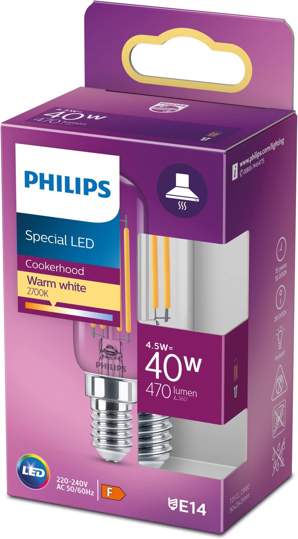 Philips E14 LED Classic Filament Light Bulb, T25L, 4.5W, 470 Lumens ...