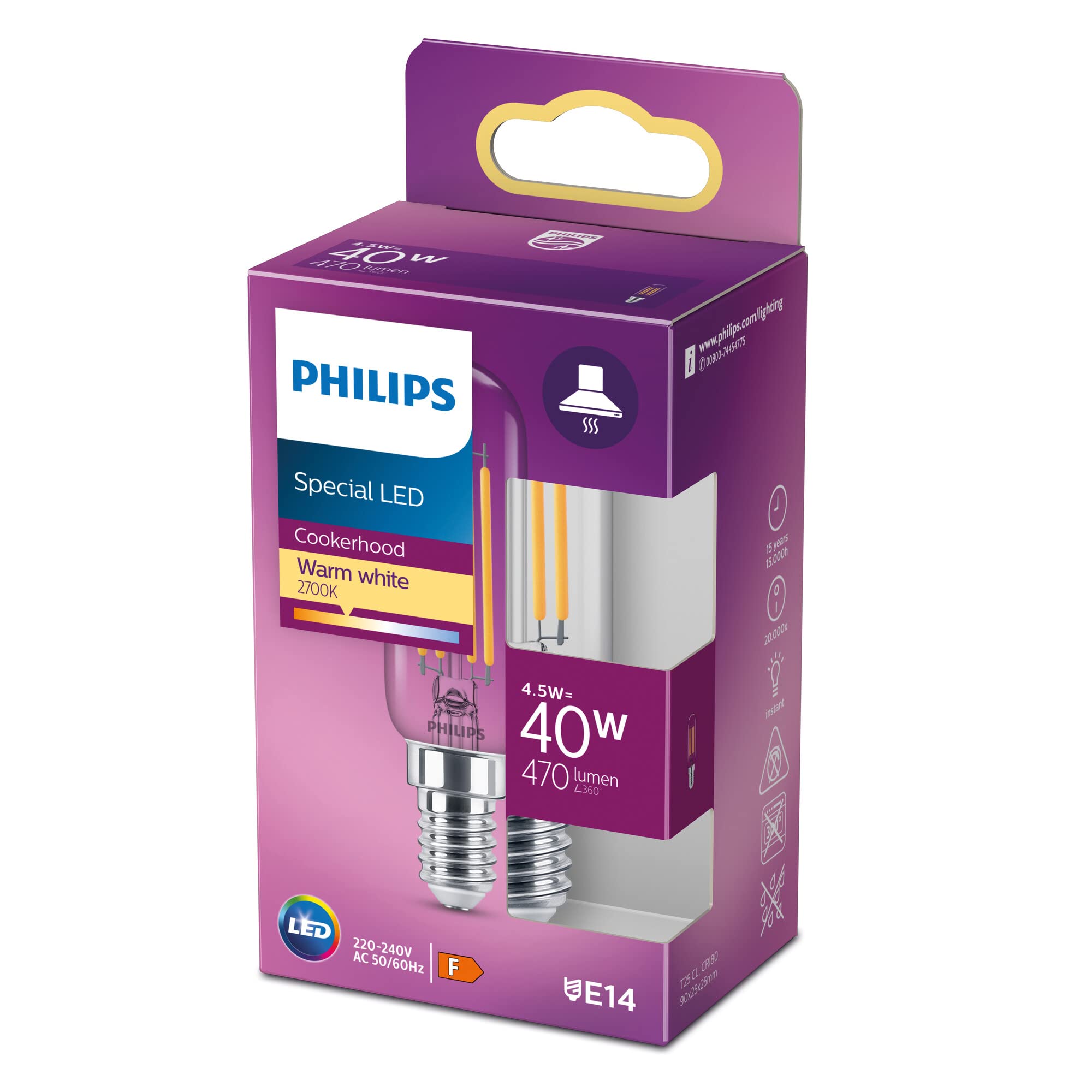 Philips E14 LED Classic Filament Light Bulb, T25L, 4.5W, 470 Lumens ...