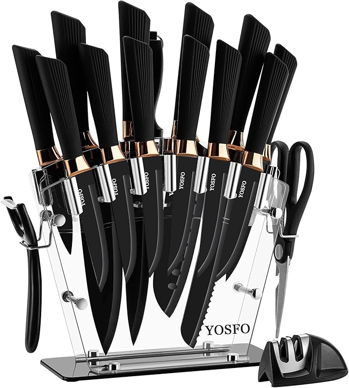 Amazon.com: YOSFO Kitchen Knife Sets with Block and Sharpener, 17Pcs ...