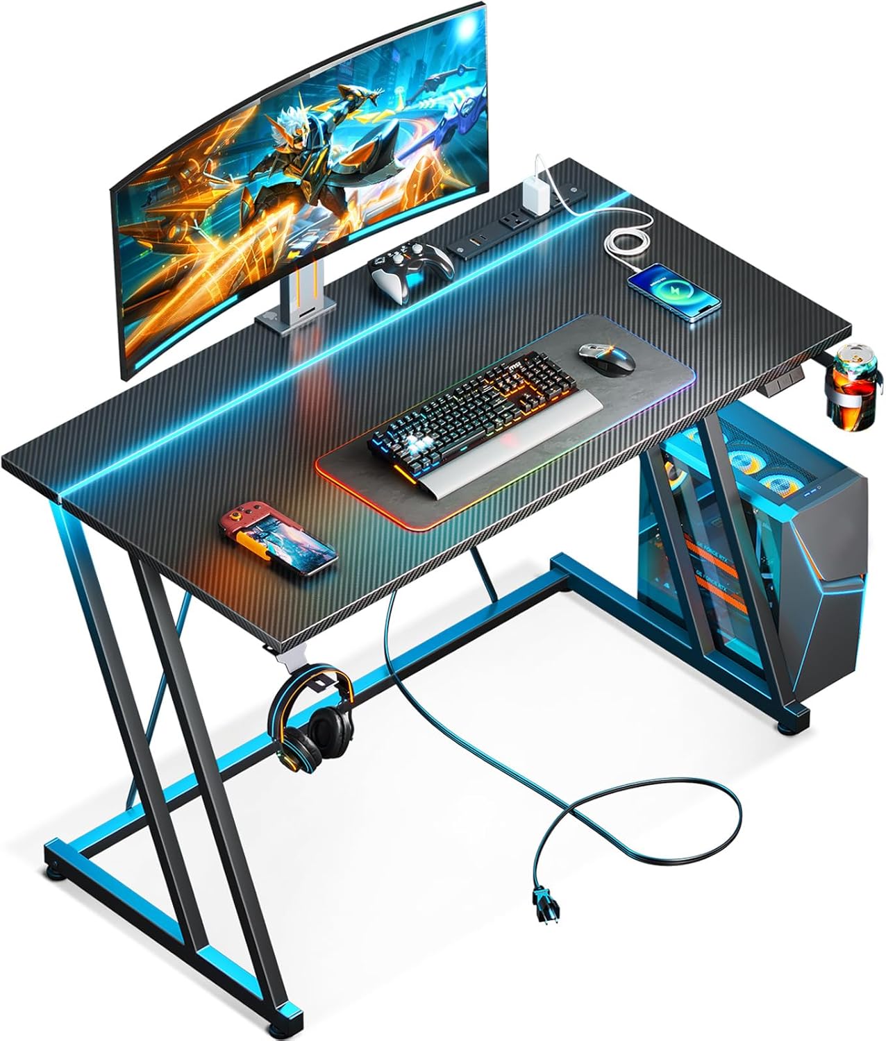 MOTPK Small Gaming Desk with LED Lights & Power Outlet, Computer Desk ...