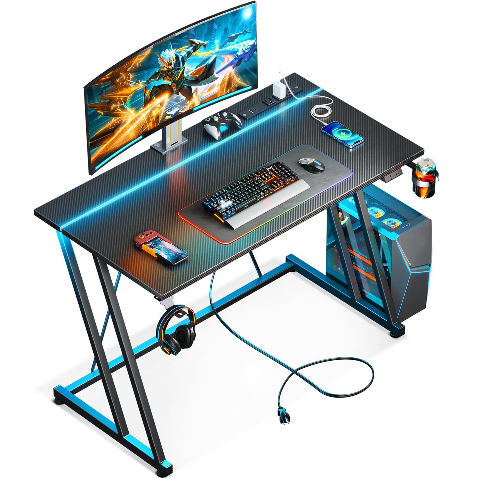 MOTPK Small Gaming Desk with LED Lights & Power Outlet, Computer Desk ...