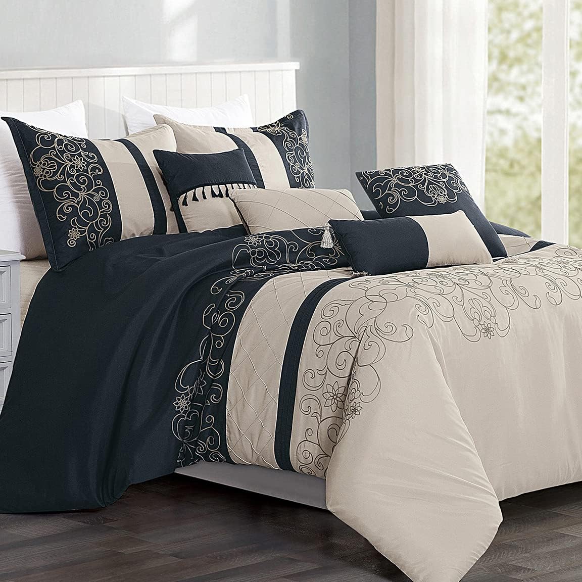 Amazon.com: HIG 7 PCS Floral Embroidery Bedding Comforter Sets with ...