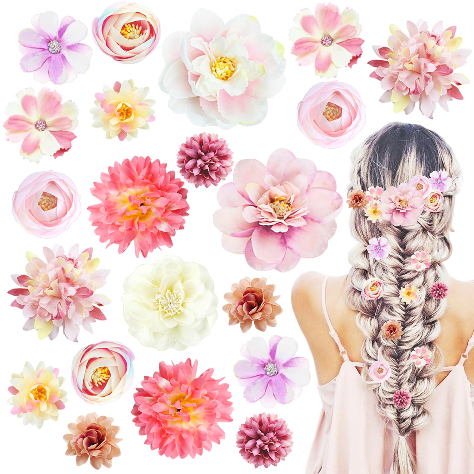 Amazon.com : 21 PCS Silk Flower Hair Clip Women Aesthetic Boho Pink ...