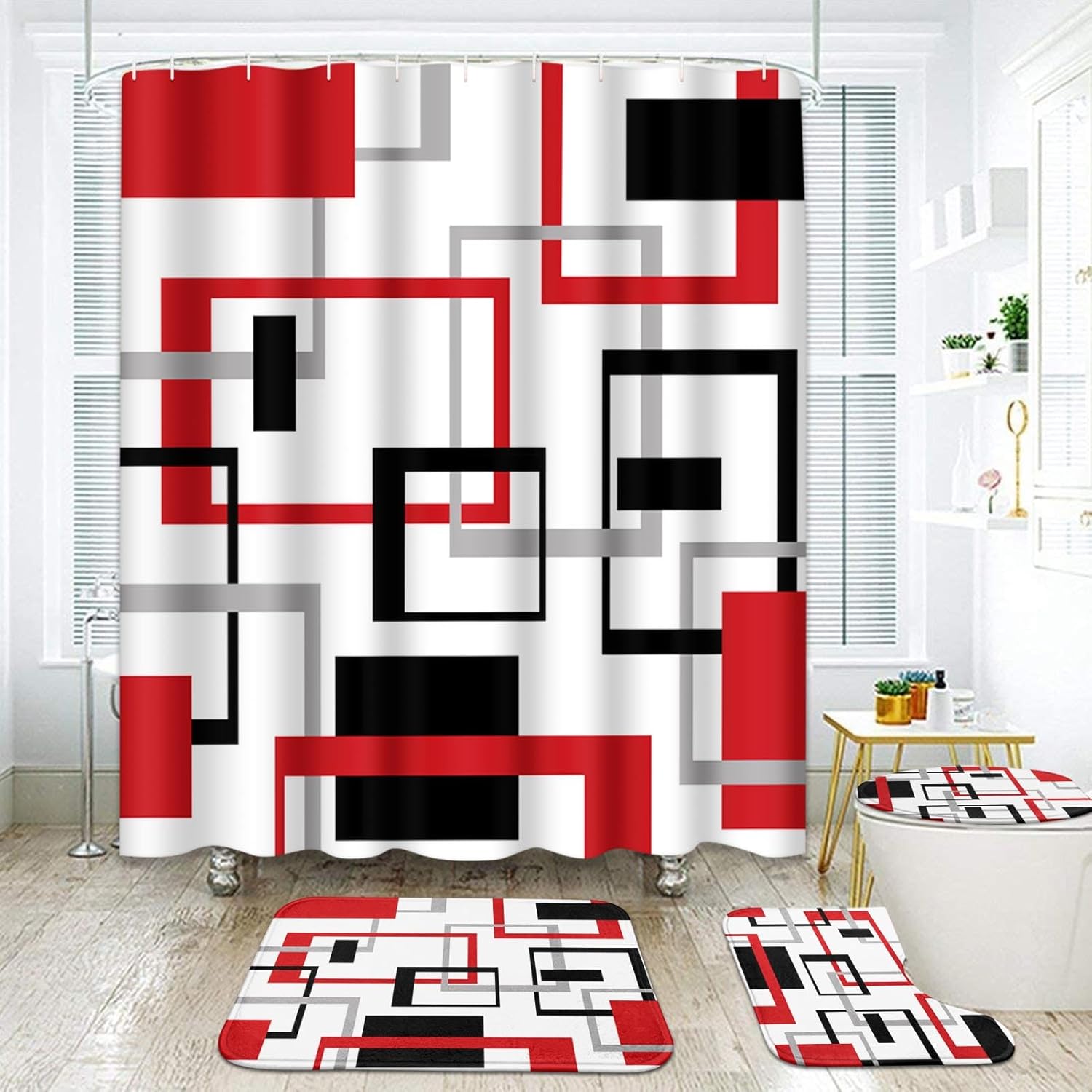 Amazon.com: ArtSocket Geometric Red and Gray Bathroom Set with Shower ...