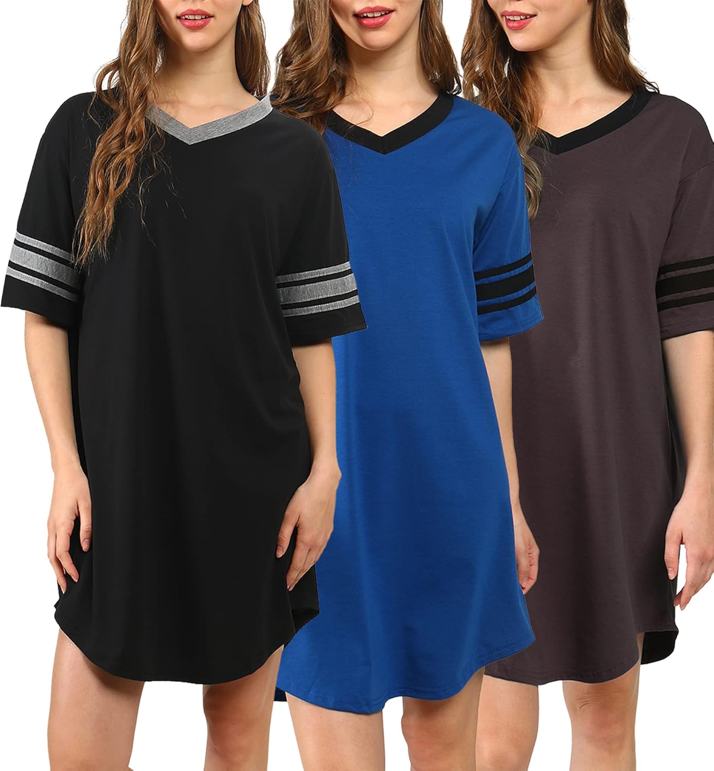 FEREMO 3 Pack Nightgowns for Women, Short Sleeve Sleepshirt Casual V ...