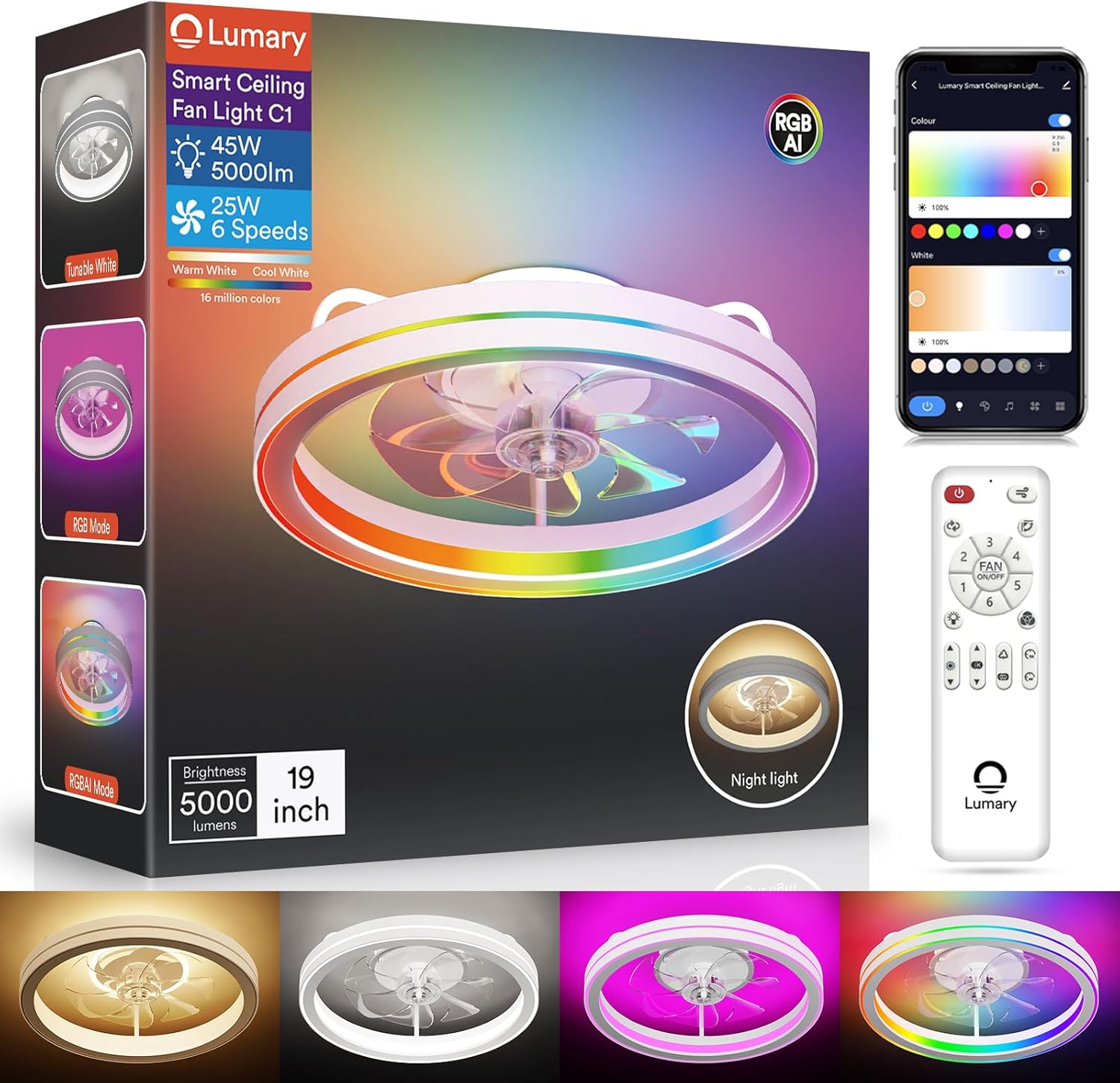 Amazon.com: Lumary Smart Ceiling Fan Light with 2200K Nightlight, WiFi ...