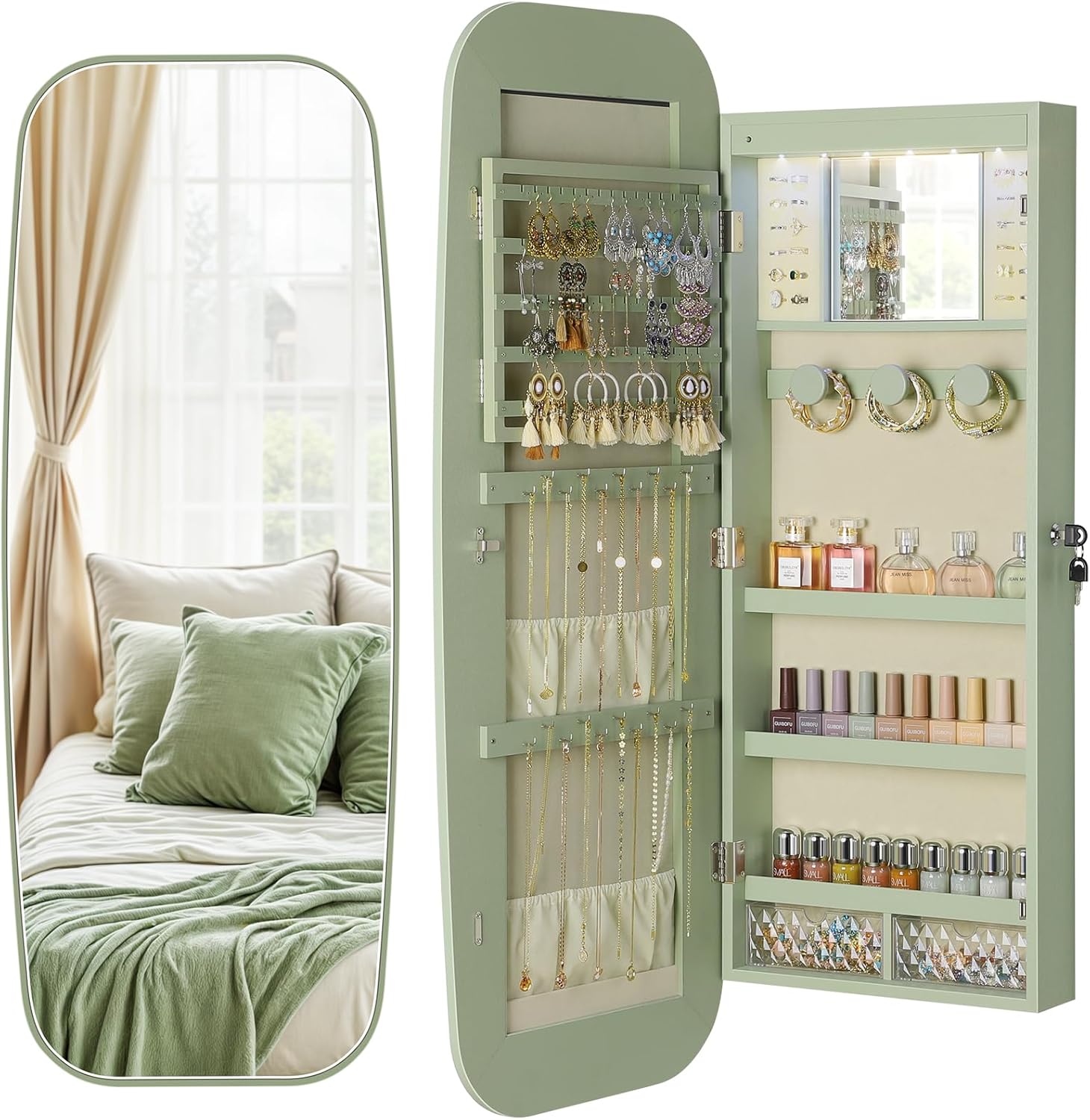 Amazon.com: Nicetree LED Mirror Jewelry Cabinet, Rounded Jewelry ...