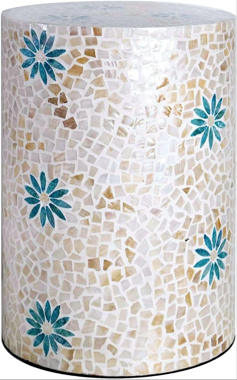 Mother of Pearl Inlaid Cylinder Drum End Table Nacre Capiz Shell Side ...