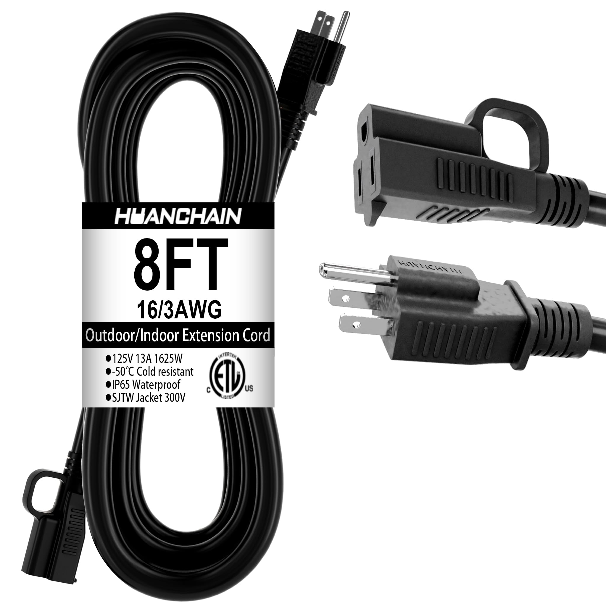 HUANCHAIN Indoor Outdoor Black Extension Cord 8 ft Waterproof, 16/3 ...
