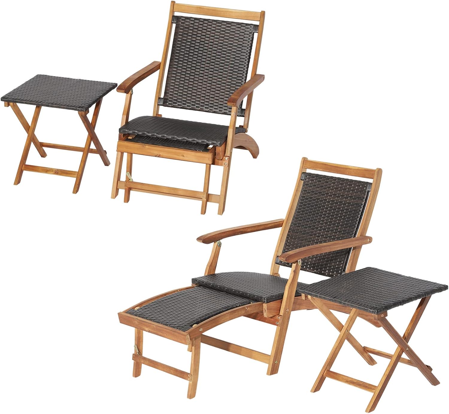 RELAX4LIFE 2-In-1 Sun Lounger, Folding Rattan Adjustable Deck Chair ...