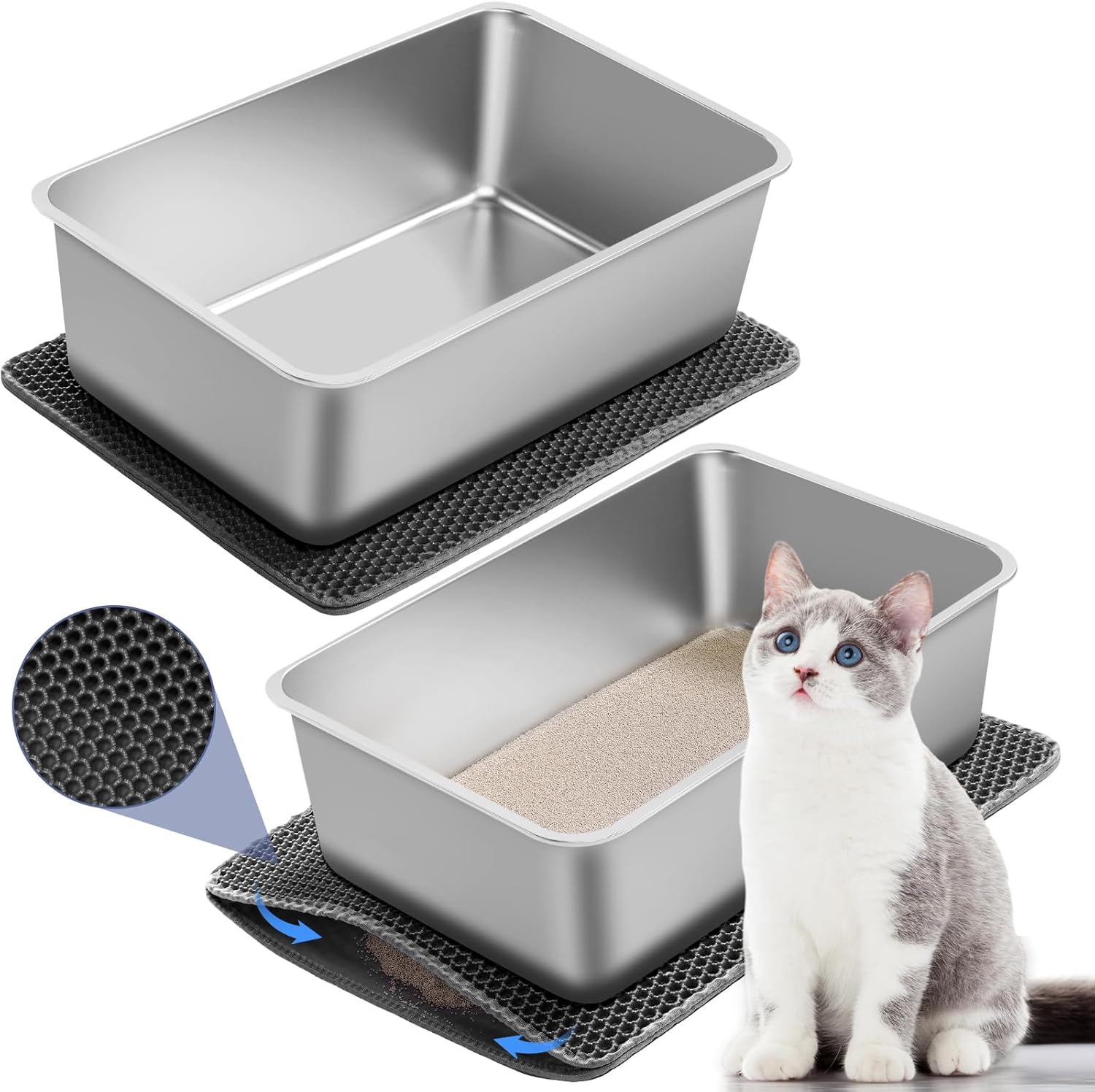 Amazon.com: Tioncy 2 Set Stainless Steel Cat Litter Boxes with Mat ...