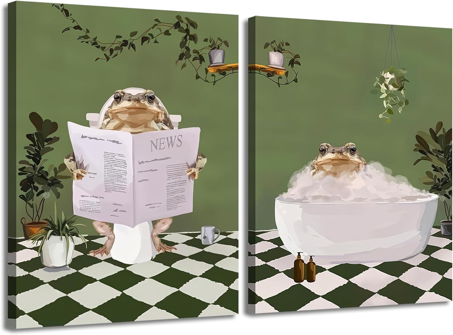 Amazon.com: Funny Bathroom Frog Wall Art Set of 2, Funky Frog in Bath ...