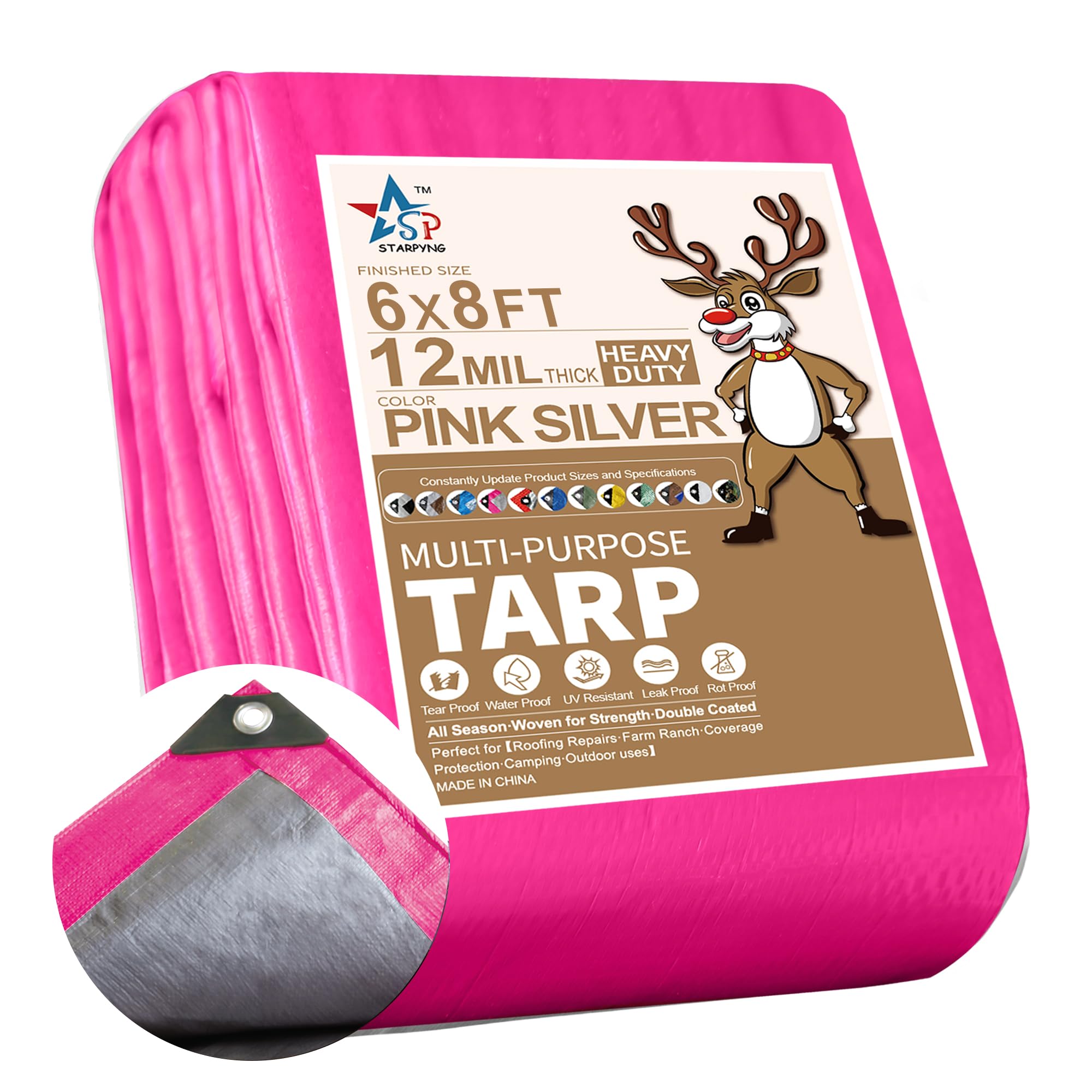 STARPYNG-12 Mil Pink/Silver 6x8 Feet Tarp-Heavy Duty Poly Tarp-Cover ...